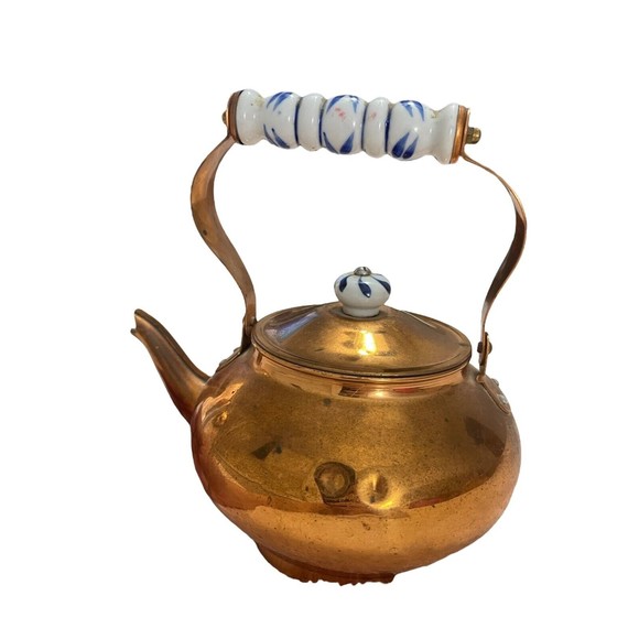 Unknown | Kitchen | Vintage Copper Tea Pot Kettle Porcelain Handle Cap ...